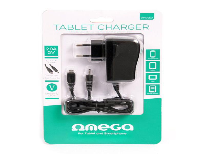 OMEGA Tablet/Smartphone wall charger with 2 tips (micro USB + 2,5mm ...