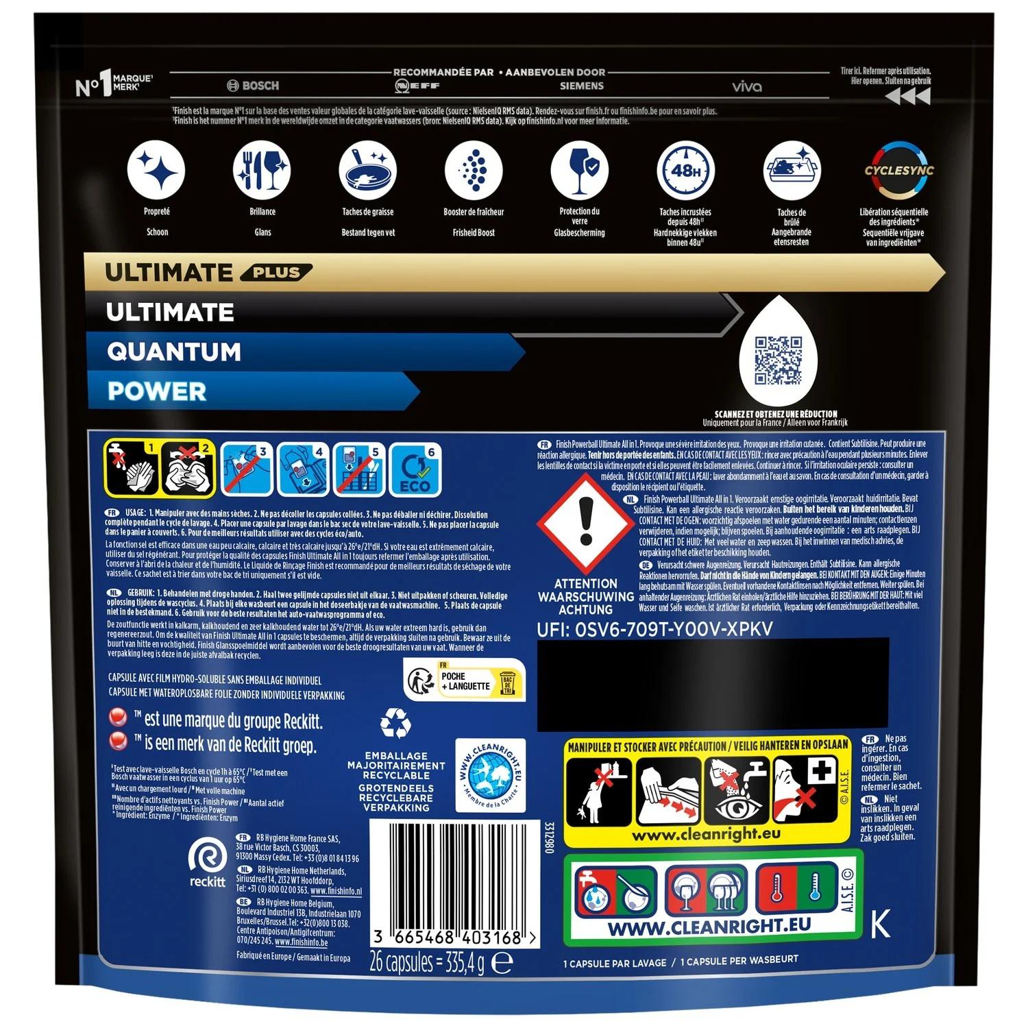 Finish Powerball Ultimate Capsules All-in-1pour lave-vaisselle - 26 ...